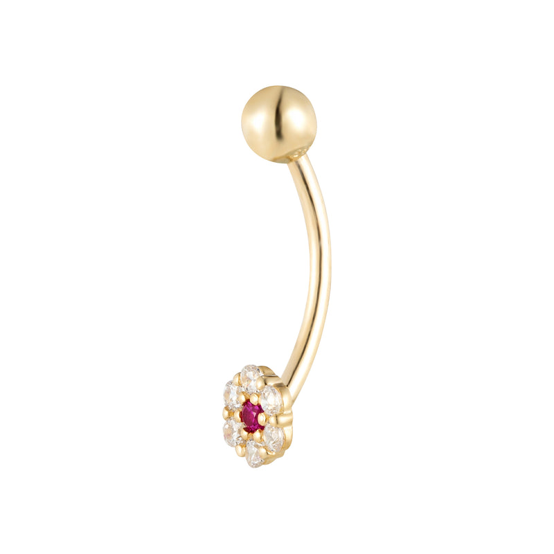 9ct Solid Gold Ruby CZ Flower Belly Bar