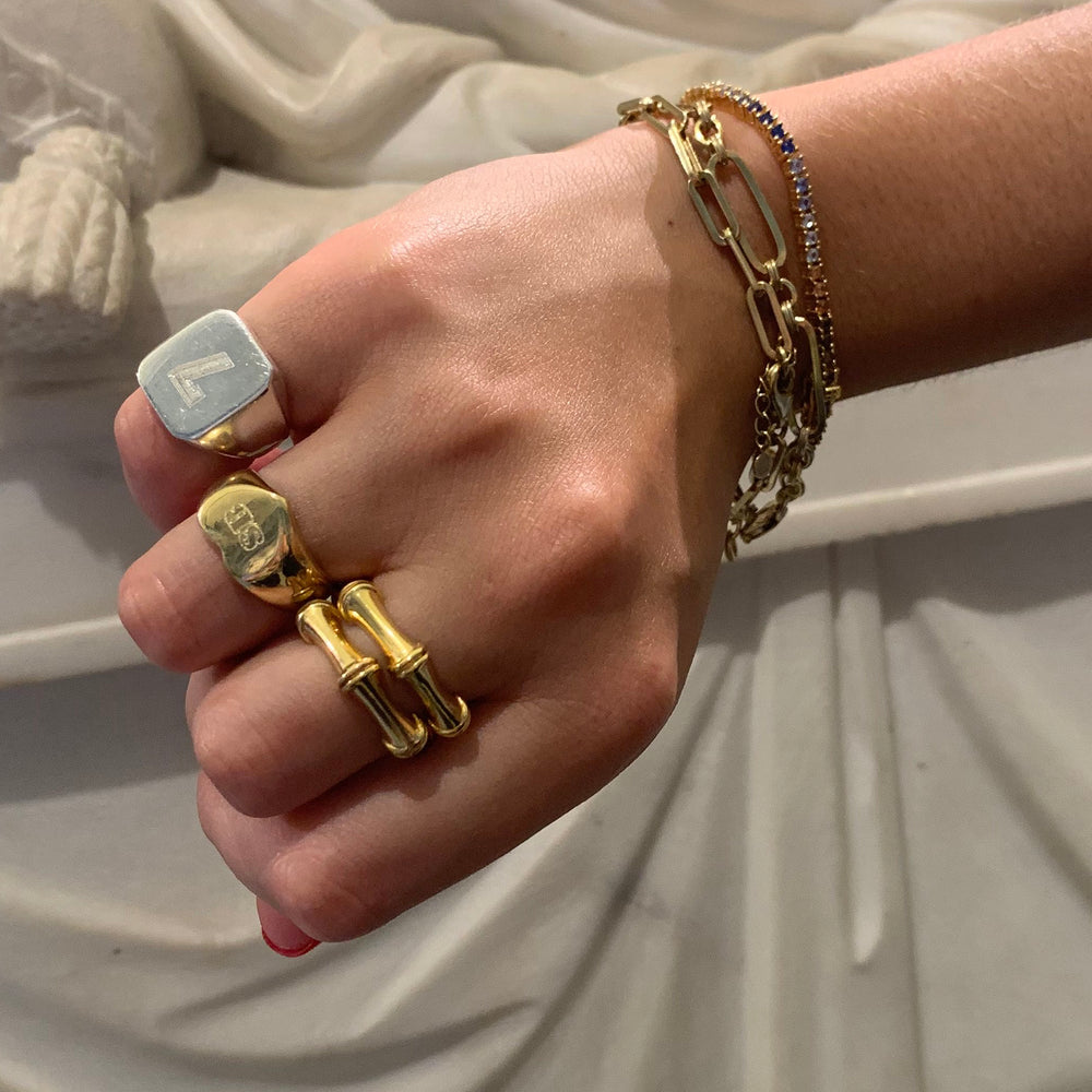 18ct Gold Vermeil Engravable Chunky Heart Signet Ring & Seol + Gold